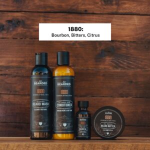 live bearded complete beard grooming kit, made in the usa with all-natural ingredients - beard wash, conditioner, beard butter & beard oil kit - mens beard grooming set, in scent 1880, sweet bourbon