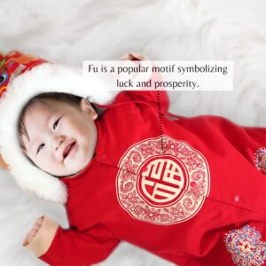 Coco Dolphin Baby Red Outfit 1 Month 100 Days Newborn Infant Boy Girl Bodysuit Chinese New Year Lunar Tang Suit (Size 66)