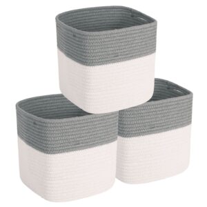 ANMINY 3PCS Cotton Rope Woven Storage Cubes Baskets Set with Handles Large Washable Decorative Open Storage Bins Boxes Nursery Baby Kid Toy Blanket Clothes Towel Laundry Organizer - Off White/Gray