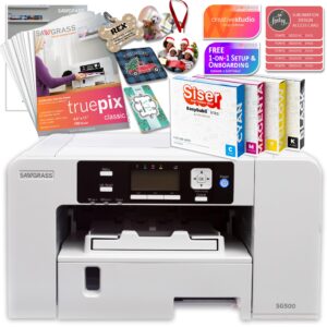 sawgrass uhd virtuoso sg500 sublimation color printer starter bundle with paper, inks, blanks, designs