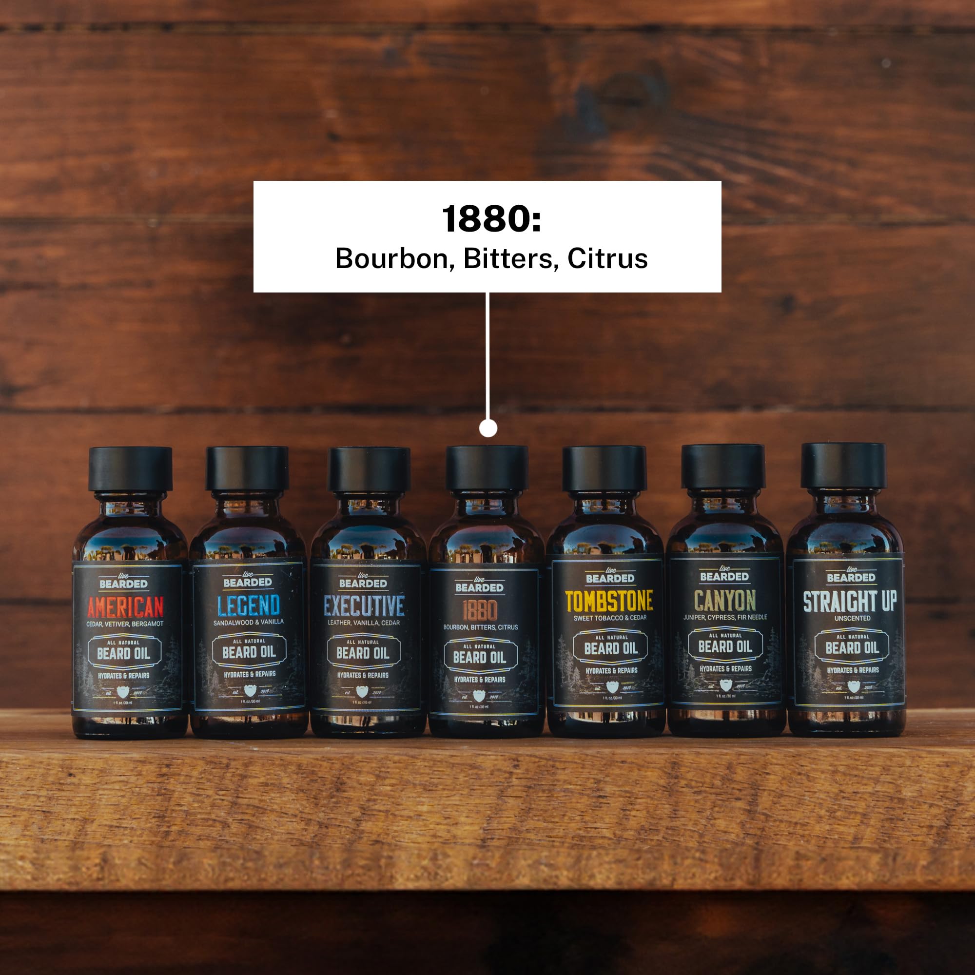 Live Bearded: Beard Oil - Premium All-Natural Beard Oil for Men with Jojoba Oil Beard Care - 1 fl oz - Made in the USA - Beard Oil for Dry Flaky Skin - 1880 Scented: Bourbon, Bitters, Citrus