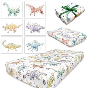 9 Piece Dinosaur Nursery Set | Crib Sheet | Blanket | Art Prints | Changing Pad Cover