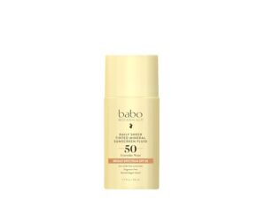 babo botanicals daily sheer tinted mineral sunscreen fluid spf50 - natural zinc oxide - passion fruit oil - golden-hued tint - fragrance free - ultra-lightweight - for face - for all ages