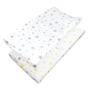 american baby company 2 pack printed 100% cotton knit fitted contoured changing table pad cover - compatible with mika micky bassinet, golden yellow stars/super stars, for boys and girls