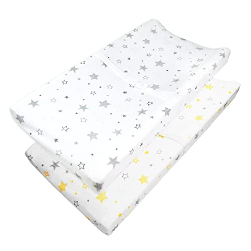 American Baby Company 2 Pack Printed 100% Cotton Knit Fitted Contoured Changing Table Pad Cover - Compatible with Mika Micky Bassinet, Golden Yellow Stars/Super Stars, for Boys and Girls