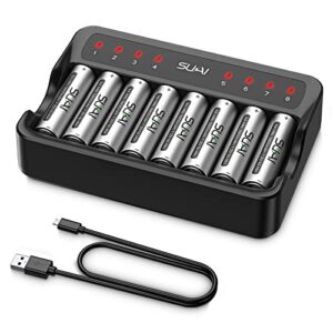 sukai rechargeable aa batteries with charger, 8 count 2800mah high capacity and low-self discharge 1.2v ni-mh double a batteries, with smart battery charger for aa aaa, usb or type-c fast charging