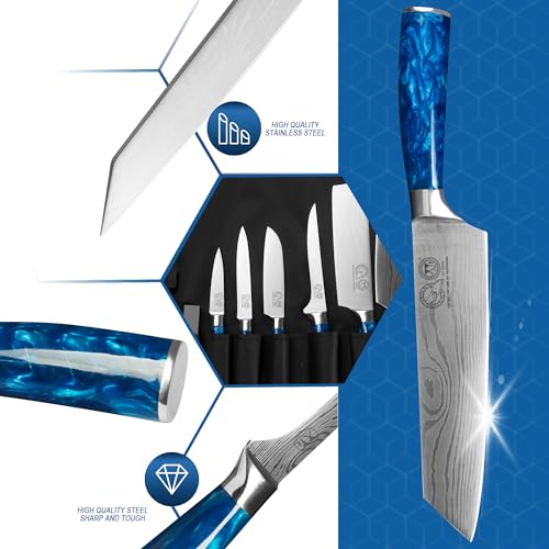 XYJ Authentic Since1986,Professional Knife Sets for Master Chefs,Knife Set with Bag,Case, Scissors,Culinary Kitchen Butcher Knives,Cooking Cutting,Damascus Laser Pattern (Blue)