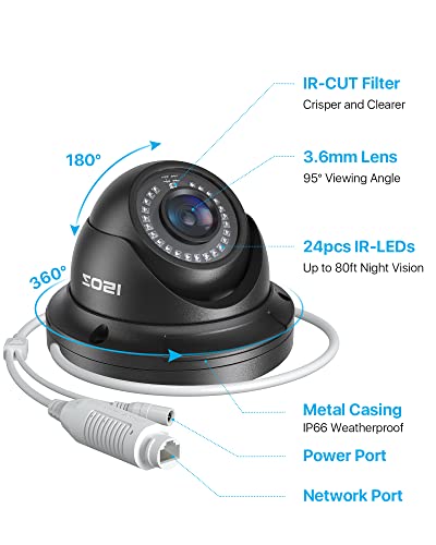 ZOSI 5MP 3K Add-on Security Dome POE Camera, 2880 x 1620 Indoor Outdoor IP Camera, 80ft Night Vision, 3.6mm Lens, 95°View Angle, IP66 Weatherproof (Only Work with Our PoE NVR)