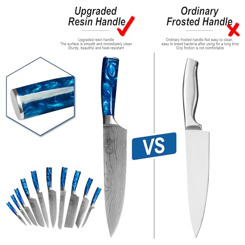 XYJ Authentic Since1986,Professional Knife Sets for Master Chefs,Knife Set with Bag,Case, Scissors,Culinary Kitchen Butcher Knives,Cooking Cutting,Damascus Laser Pattern (Blue)