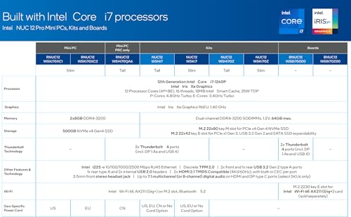 Intel NUC 12 Pro NUC12WSHi7 Mini PC 12th Gen Intel Core i7-1260P, 12 Cores(4P+8E), 16 Threads, 18MB Intel Smart Cache, Intel Iris Xe Graphics,Barebone No RAM, No SSD, No OS