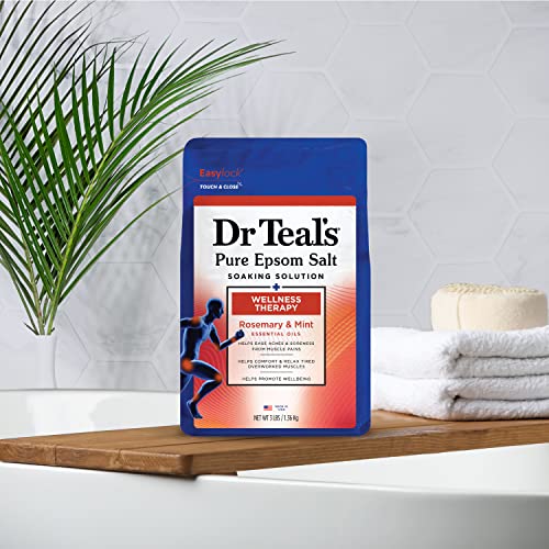 Dr Teal's Pure Epsom Magnesium Salt Soak, Wellness Therapy with Rosemary & Mint, 3 lbs (Pack of 4)