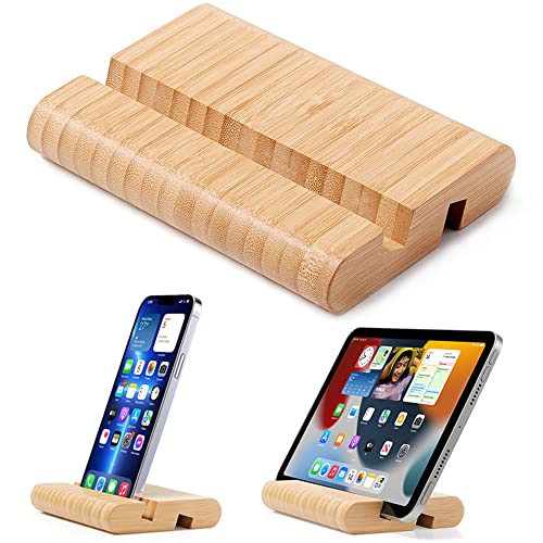 FadyDail Bamboo Cell Phone Stand Wooden Tablet Stand for Desktop, Wood Cell Phone Holder Desk Tablet Holder Mobile Stand for iPhone iPad Tablets and All Phones (Large Size)