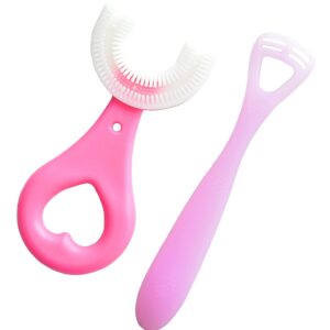 [2PC] Kids U Shaped Tooth Brush Safe Brushing For Teeth and Gums with Silicone Soft Tongue Scraper Cleaner [Ages 2-6] PINK