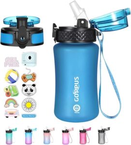 goppus kids water bottle with straw spout lid 10pcs stickers 12 oz leak-proof bpa free motivational time marker tritan plastic water bottles for girls boys school sports