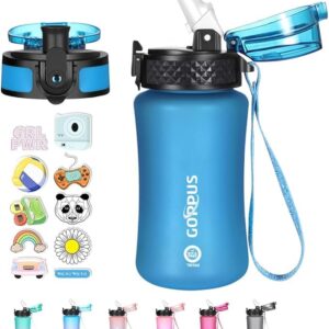 GOPPUS Kids Water Bottle with Straw Spout Lid 10pcs Stickers 12 oz Leak-proof BPA Free Motivational Time Marker Tritan Plastic Water Bottles for Girls Boys School Sports