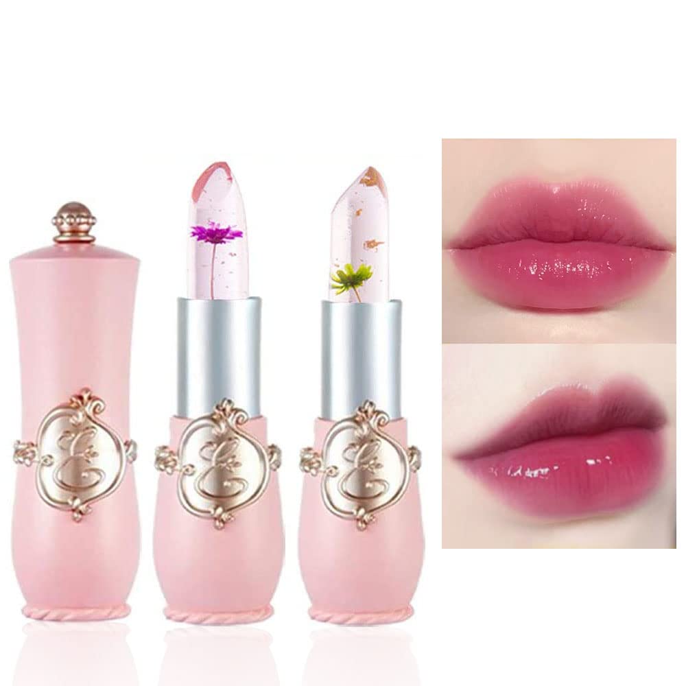 BINGBRUSH 2Pcs Color Changing Lipstick,Pink Crystal Flower Jelly PH Mood Long Lasting Labiales Lip Care Moisturizer Lip Balm Korean Magic Lip Gloss Lip Tinted Stain Makeup Set for Women