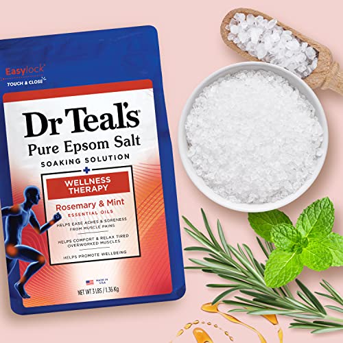 Dr Teal's Pure Epsom Magnesium Salt Soak, Wellness Therapy with Rosemary & Mint, 3 lbs (Pack of 4)