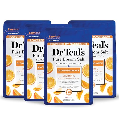 Dr Teal's Epsom Salt Magnesium Soak, Glow & Radiance with Vitamin C & Citrus Essential Oils, 3 lbs (Pack of 4)