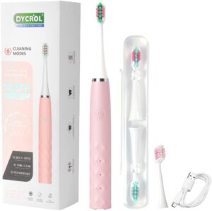 electric toothbrush for adults, 4 brush heads and travel case, 2 hours fast charge for 50 days, 6 adjustable modes built-in 2-minute smart timer ip7 waterproof 36000 vpm deep clean (pink)