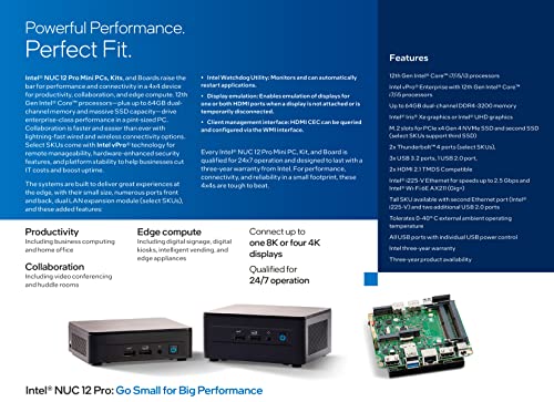 Intel NUC 12 Pro NUC12WSHi7 Mini PC 12th Gen Intel Core i7-1260P, 12 Cores(4P+8E), 16 Threads, 18MB Intel Smart Cache, Intel Iris Xe Graphics,Barebone No RAM, No SSD, No OS