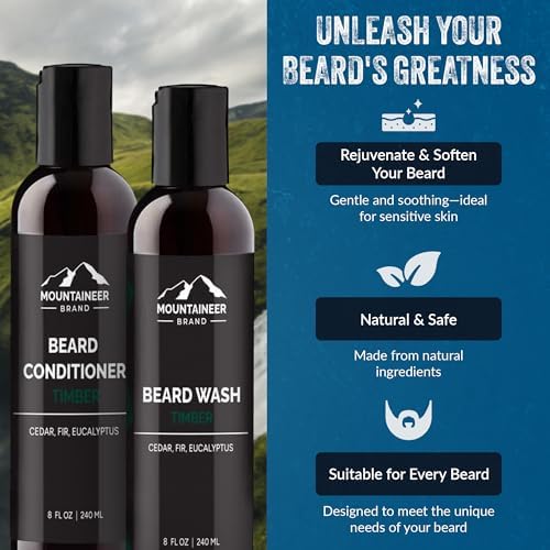 Mountaineer Brand Beard Wash and Conditioner for Men | Beard Shampoo/Beard Conditioner Set | Deep Cleans | Leaves Hair Soft and Hydrated | Timber Scent | 2 Count | 8oz