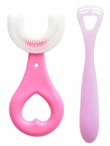 [2pc] kids u shaped tooth brush safe brushing for teeth and gums with silicone soft tongue scraper cleaner [ages 2-6] pink