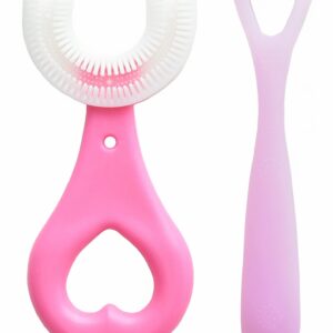 [2PC] Kids U Shaped Tooth Brush Safe Brushing For Teeth and Gums with Silicone Soft Tongue Scraper Cleaner [Ages 2-6] PINK