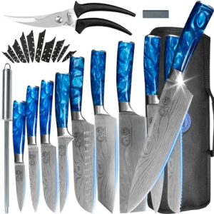 xyj authentic since1986,professional knife sets for master chefs,knife set with bag,case, scissors,culinary kitchen butcher knives,cooking cutting,damascus laser pattern (blue)