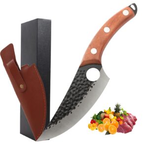 venkidoo viking knife, hand forged boning knife with leather sheath & package box, stainless steel meat cleaver outdoor cooking cutter butcher knife for home kitchen outdoor bbq camping