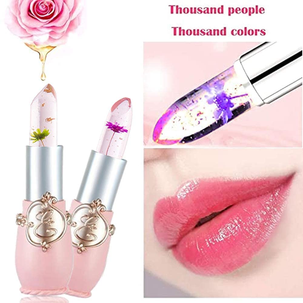 BINGBRUSH 2Pcs Color Changing Lipstick,Pink Crystal Flower Jelly PH Mood Long Lasting Labiales Lip Care Moisturizer Lip Balm Korean Magic Lip Gloss Lip Tinted Stain Makeup Set for Women