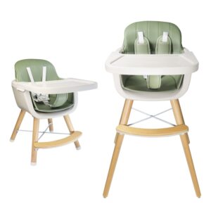 foho baby high chair, perfect 3 in 1 convertible wooden high chair with cushion, removable tray, and adjustable legs for baby & toddler (green)