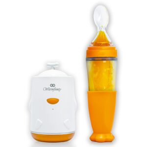 Warmfinity Portable Baby Food Processor – Multifunctional Baby Food Maker - Baby Puree Blender with Soft Silicon Spoon Feeder (White-Orange)