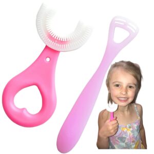 [2PC] Kids U Shaped Tooth Brush Safe Brushing For Teeth and Gums with Silicone Soft Tongue Scraper Cleaner [Ages 2-6] PINK