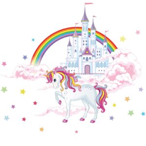 rainbow unicorn wall decals ,colorful unicorn wall stickers with castle peel and stick pink clouds stars wall art for girls room home nursery kids bedroom party decor