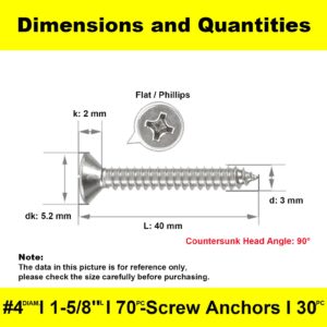 #4 x 1-5/8'' Wood Screws,Stainless Steel Self-Tapping Screws, Phillips Drive Countersunk Head Kitchen Cabinet Screws, for Repairing Furniture, Carpentry or DIY, 70Pcs and 30PCS Screw Anchors, M3x40mm