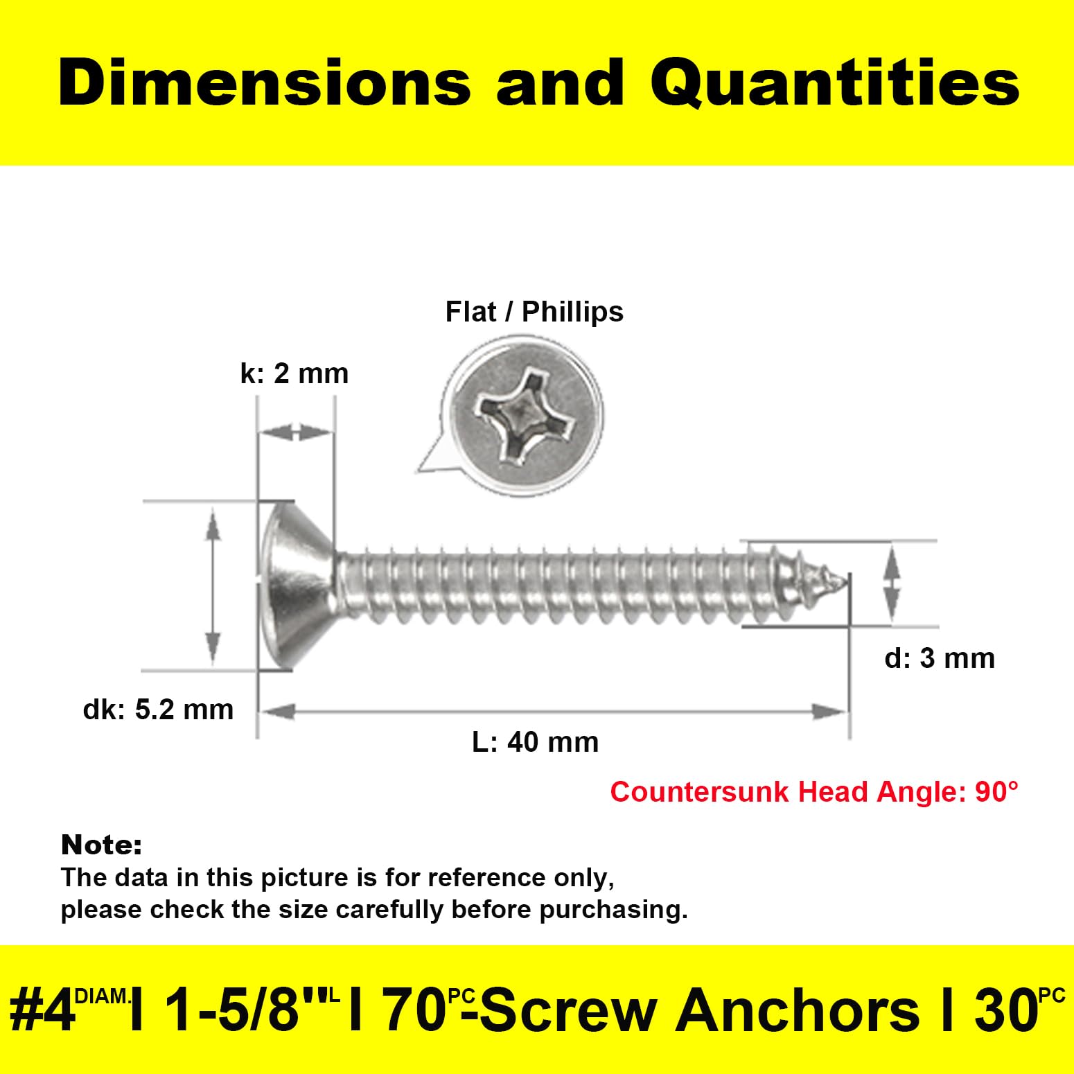 #4 x 1-5/8'' Wood Screws,Stainless Steel Self-Tapping Screws, Phillips Drive Countersunk Head Kitchen Cabinet Screws, for Repairing Furniture, Carpentry or DIY, 70Pcs and 30PCS Screw Anchors, M3x40mm