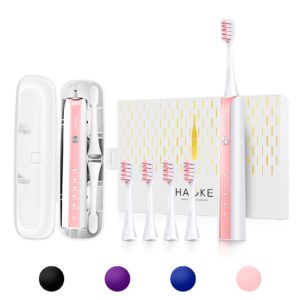 hauke electric toothbrush for adults, 42000vpm, 5 modes, 4 brush heads, 120days long battery life travel toothbrush, rechargeable whitening electric toothbrushes(rose pink)