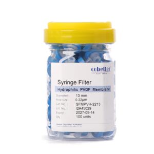 cobetter 100 pack pvdf syringe filter lab filters 0.22μm pore size 13mm diameter hydrophilic filtration non-sterile blue