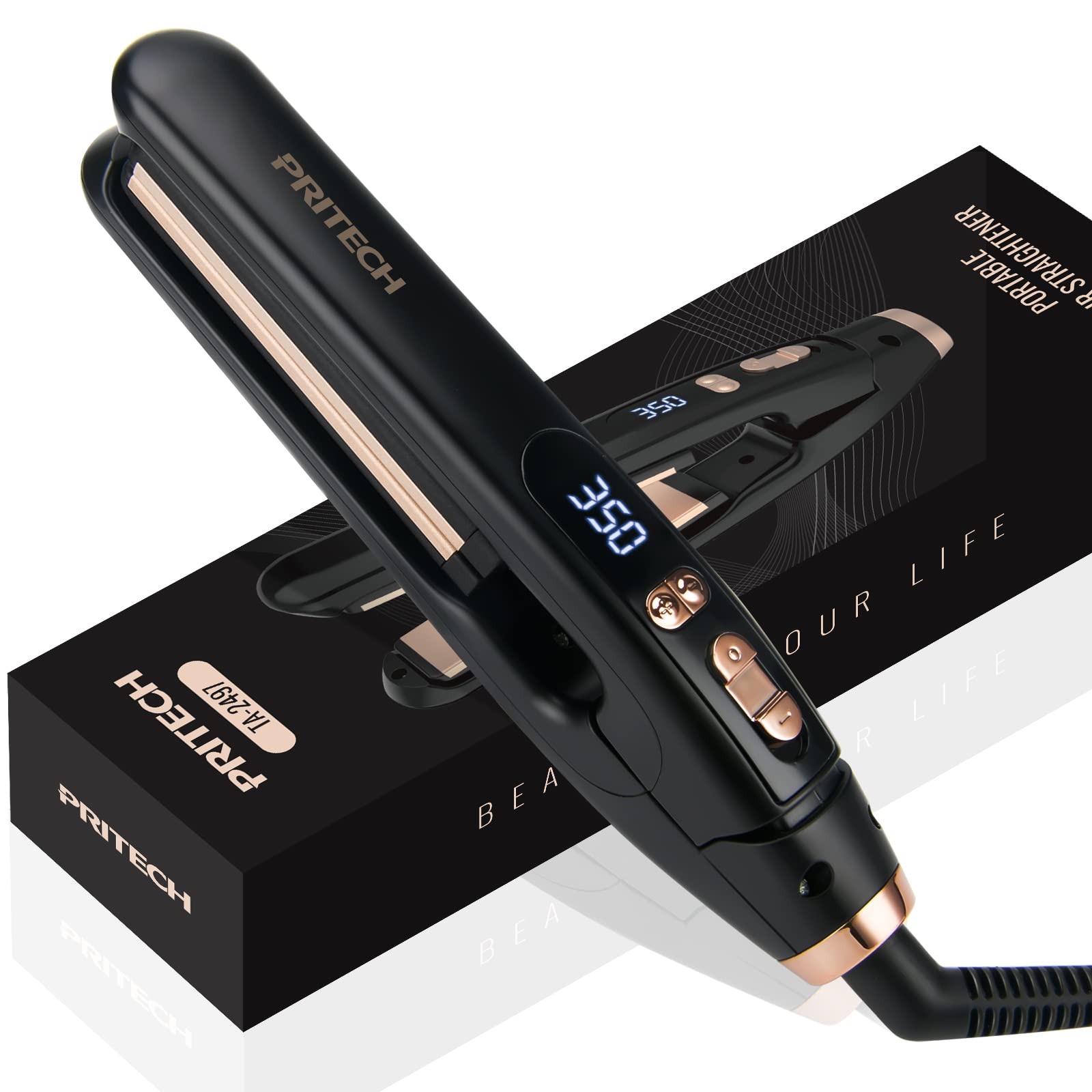 PRITECH Mini Flat Iron Portable Hair Straightener, Straightener with 13 Adjustable Temp(210°F-450°F), 1'' Plate for All Hairstyles Hair Straightening Irons Black (Gold)