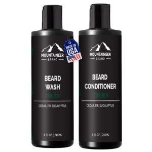 mountaineer brand beard wash and conditioner for men | beard shampoo/beard conditioner set | deep cleans | leaves hair soft and hydrated | timber scent | 2 count | 8oz