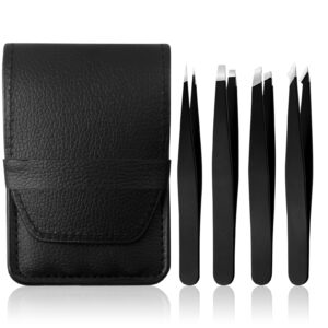 yeepsys 4 pcs professional stainless steel tweezers, women men precision eyebrow remover for ingrown hair, facial hair, beard, blackhead (black)