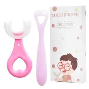 [2PC] Kids U Shaped Tooth Brush Safe Brushing For Teeth and Gums with Silicone Soft Tongue Scraper Cleaner [Ages 2-6] PINK