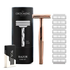 the grooming society double edge safety razor, classic for men and women, reusable safety razor, metal long handle safety razor, 10 blade refill (rose gold)