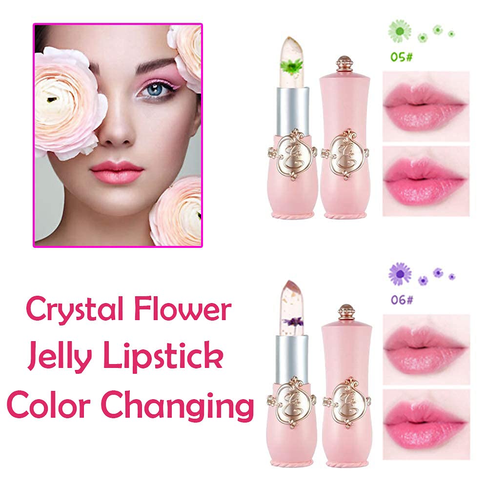 BINGBRUSH 2Pcs Color Changing Lipstick,Pink Crystal Flower Jelly PH Mood Long Lasting Labiales Lip Care Moisturizer Lip Balm Korean Magic Lip Gloss Lip Tinted Stain Makeup Set for Women