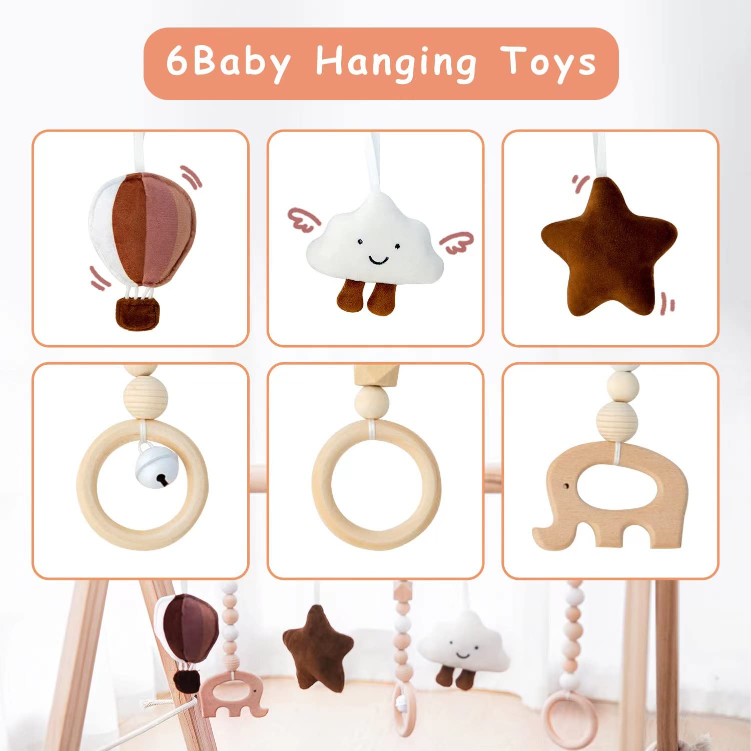 Razee Wooden Baby Play Gym Foldable Baby Gym Portable, Infant Frame Activity Gym Hanging Bar for Toddle with 6 Hanging Sensory Toys