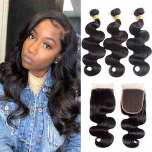 body wave bundles with closure human hair 3 bundles with closure(14 16 18+12) brazilian body wave 100% unprocessed virgin human hair bundles with 4x4 lace closure free part natural color body wave