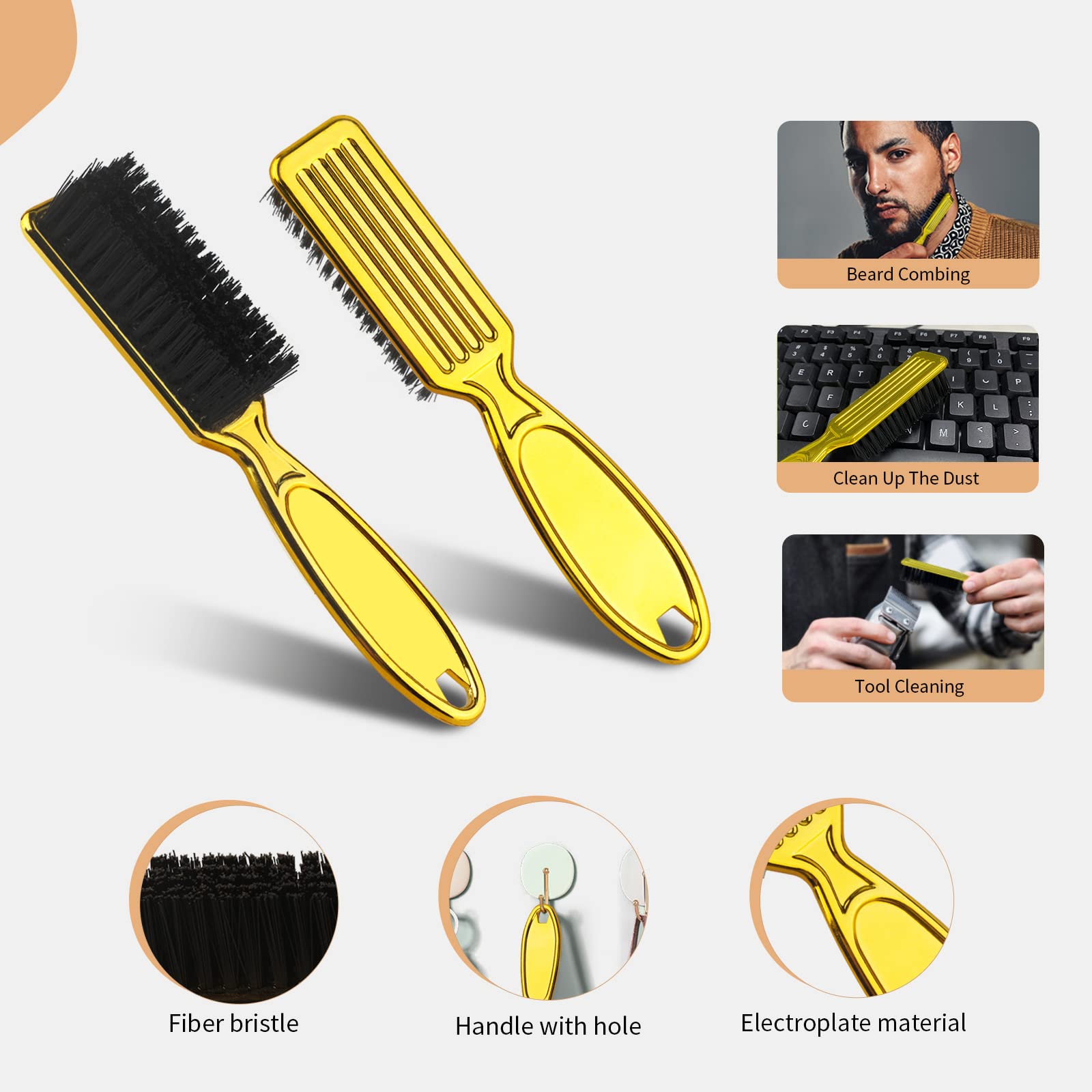 3 Pieces Barber Brush and Barber Comb Set, with Barber Blade Cleaning Brush Beard Brush Hair Cutting Comb, for Men Women Beauty Salons Home Use – Gold