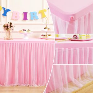 Suppromo 6ft Pink Tablecloth with Tulle Table Skirt for Rectangle Tables 3 Sides Pink Tutu Table Cover for Baby Shower Girls Birthday Party Wedding Dessert Cake Table Decorations