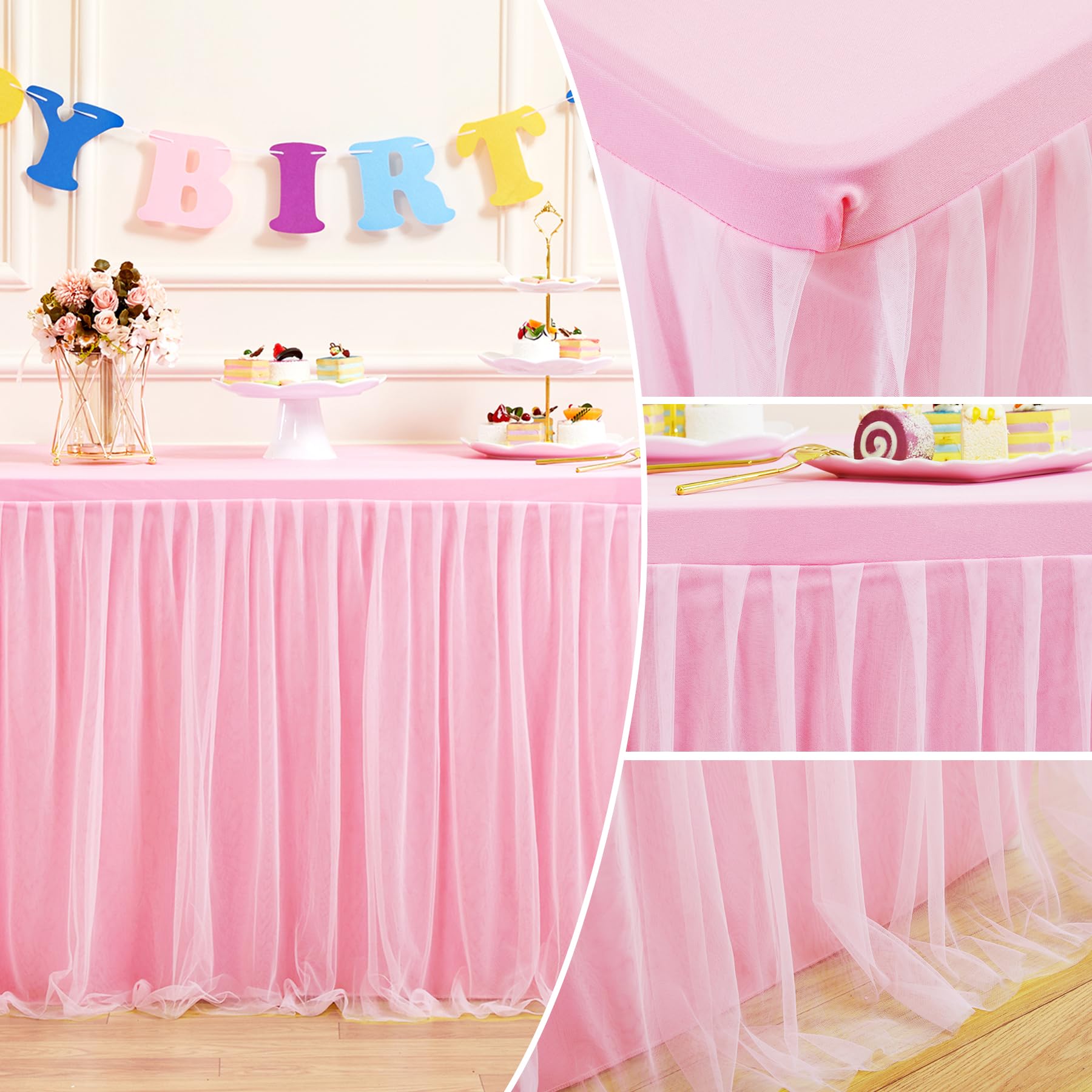 Suppromo 6ft Pink Tablecloth with Tulle Table Skirt for Rectangle Tables 3 Sides Pink Tutu Table Cover for Baby Shower Girls Birthday Party Wedding Dessert Cake Table Decorations