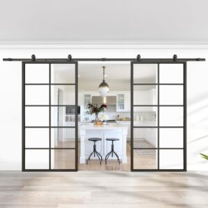 jubest double barn door 84 x 84 in with 14ft hardware kit, 2 sets of 42x84 in clear tempered glass aluminum frame barn door,pocket interior door, easy assembly，black top-mounted hardware